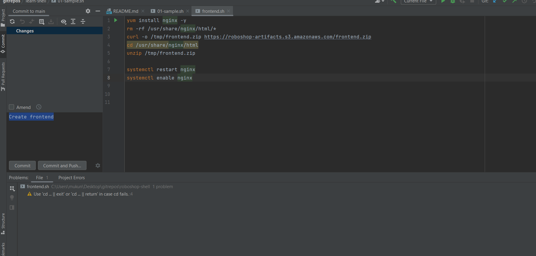 I am not able to commit the frontend script, and also not getting the option in the commit side ...