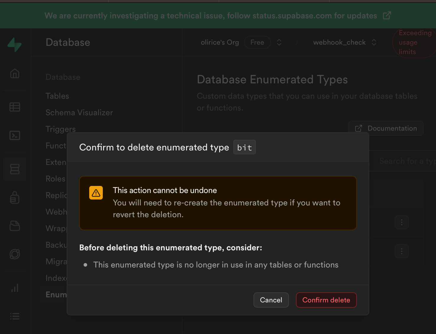 In Studio, dropping an enum type omits the schema · Issue #18468 · supabase/supabase · GitHub