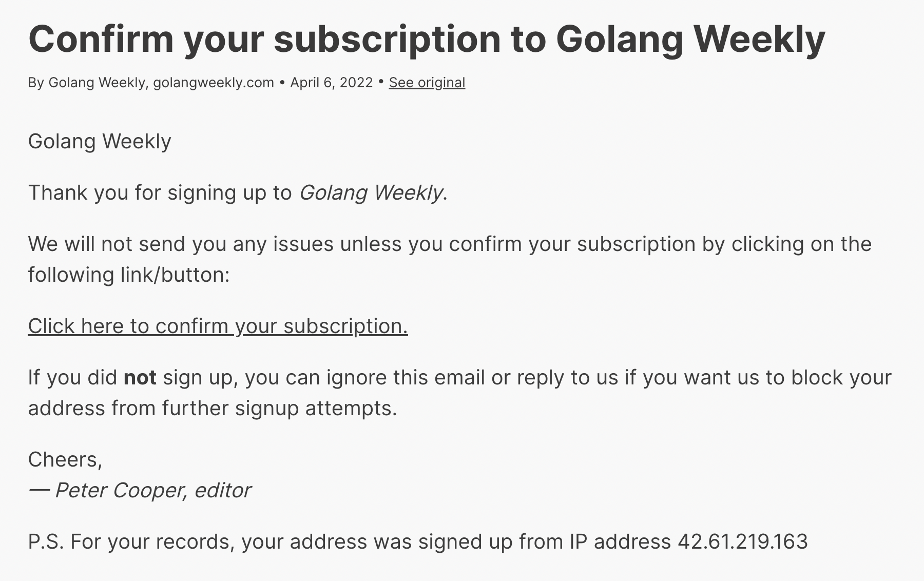 Golang weekly confirmation email added to library · Issue #386 ...