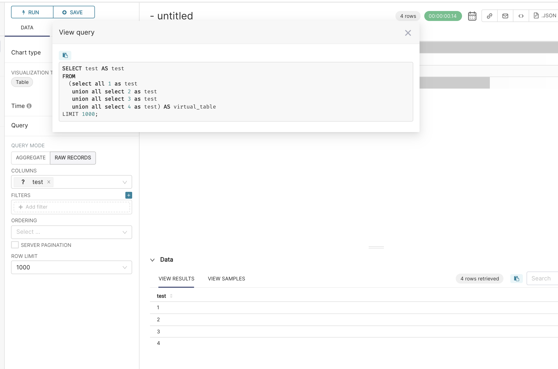 Number of rows returned from the database and listed in Chart Explore ...