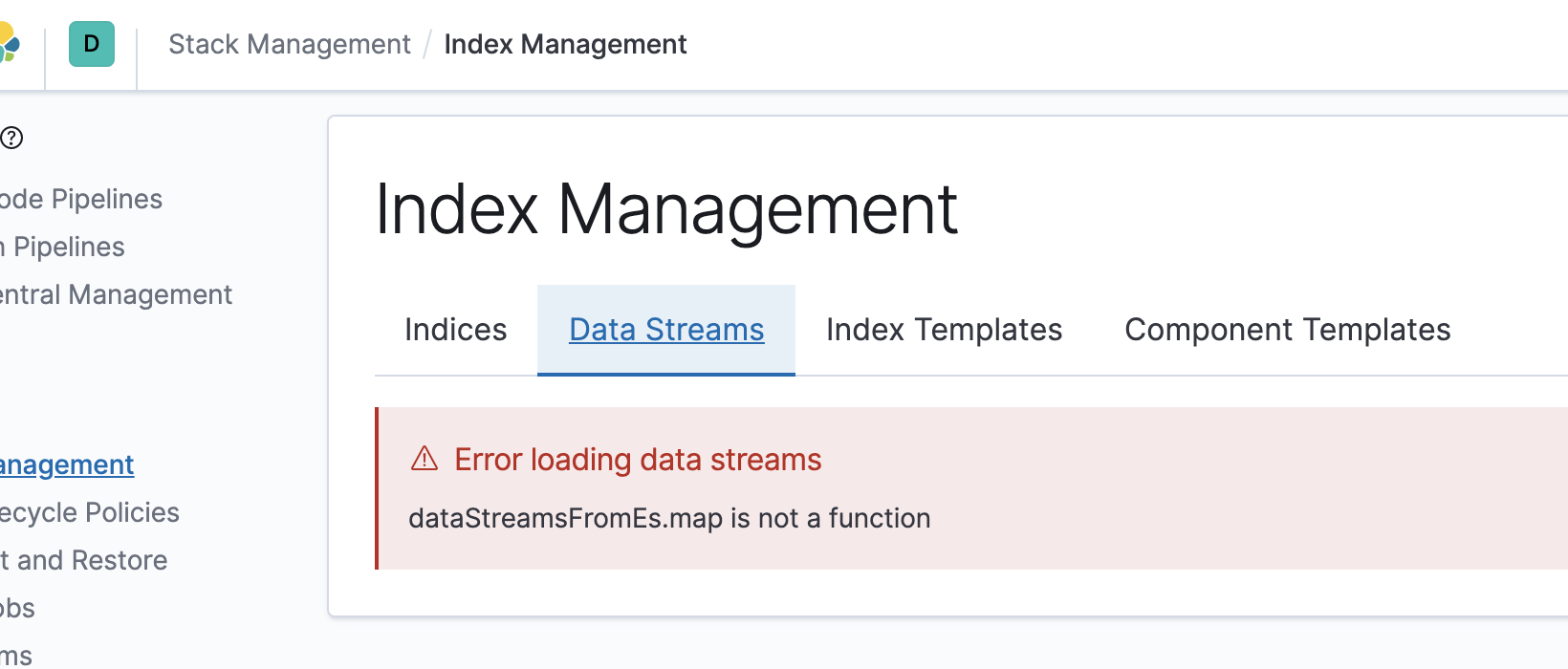 Accessing The Data Streams Tab In Index Management Causes An Error