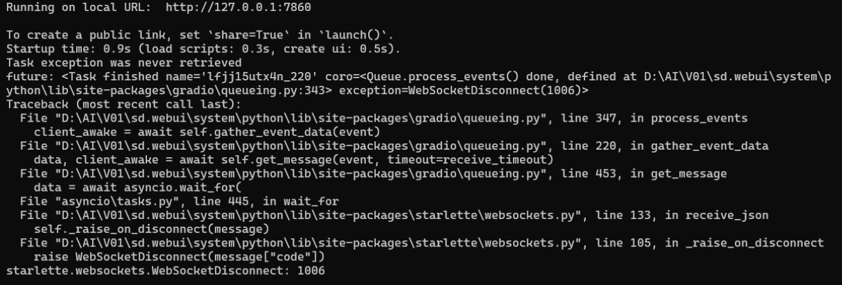 [Bug]: starlette.websockets.WebSocketDisconnect: 1006 · Issue #9136 · AUTOMATIC1111/stable ...