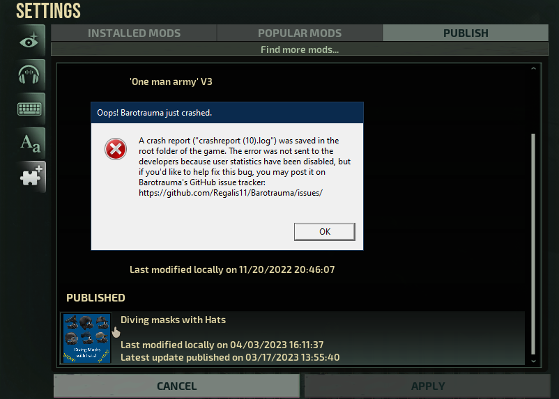 Trying to open published mod instantly crashes the game · Issue #11731 · FakeFishGames ...