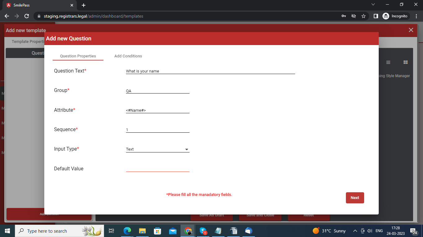 Default Value has not been marked as a mandatory field like the rest of the other fields but ...
