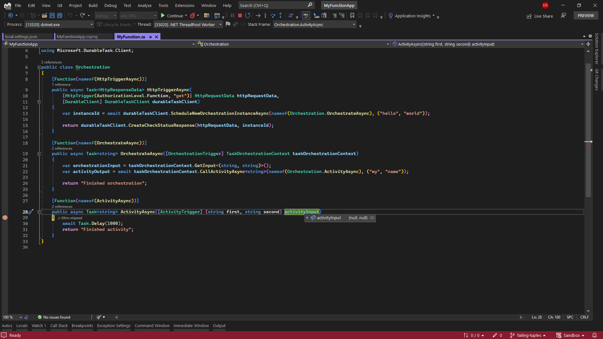 Parameters for the orchestration and activities not working correctly · Issue #133 · microsoft ...