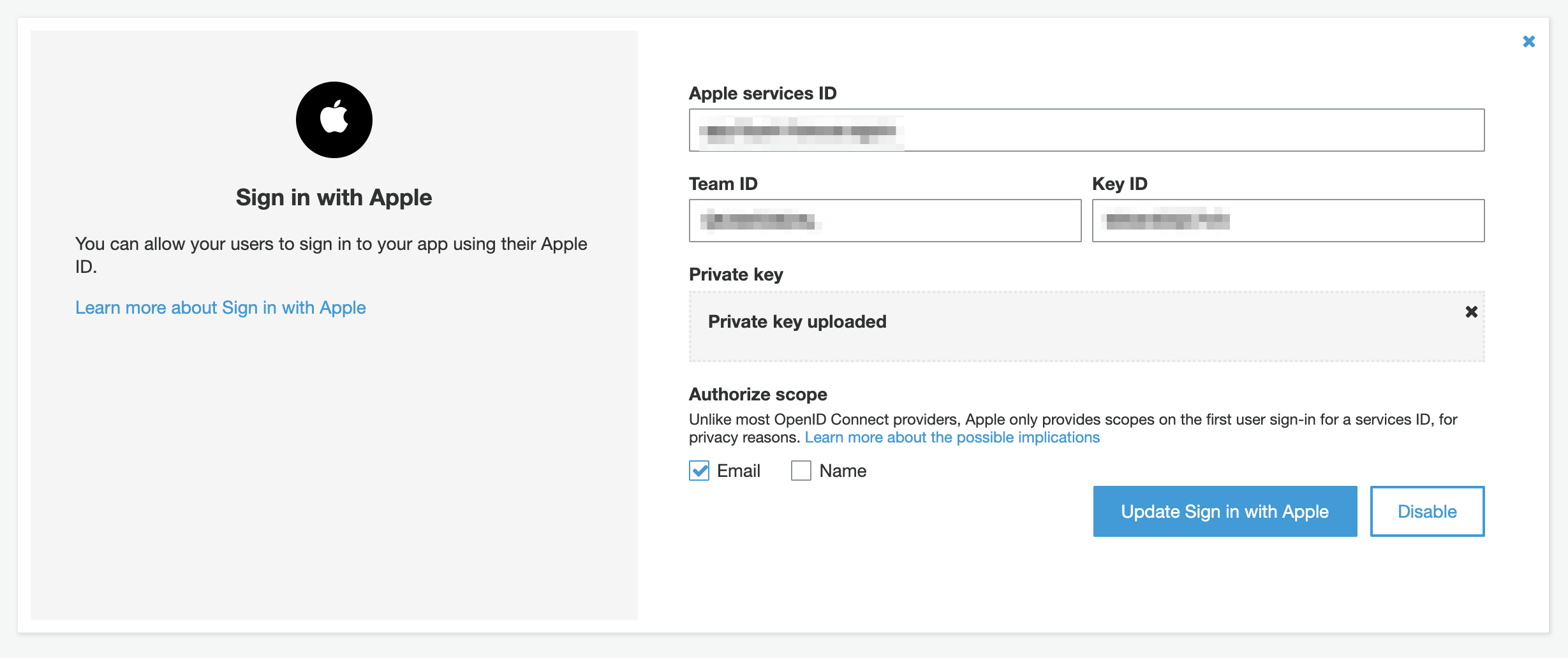 Federated sign in with Sign In With Apple fails because invalid scopes ...