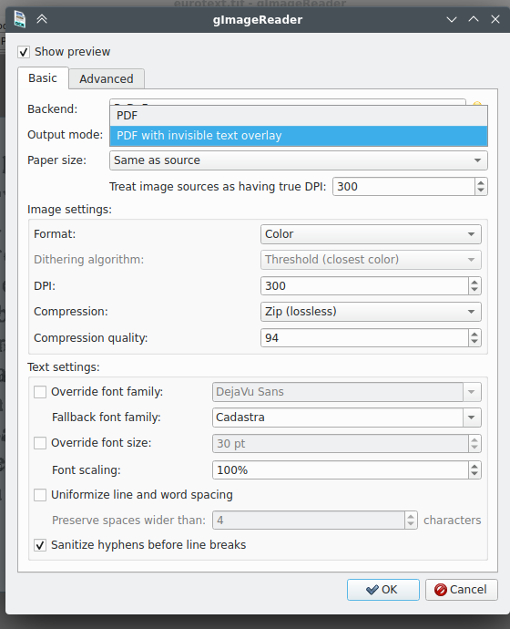 Linux Mint, Export as "PDF with invisible text overlay" option not available in spanish language ...