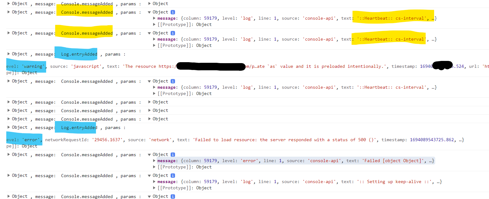 Chrome DevTools "Log.LogEntry" Protocol is not capturing normal logs but able to capture error ...