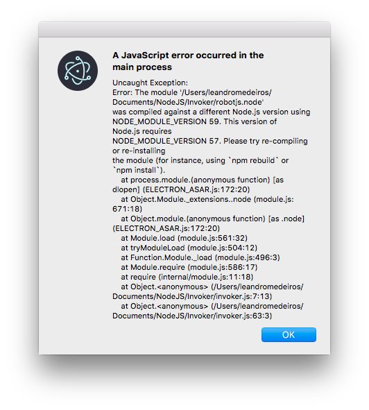Error Regarding Node Module Version · Issue 387 · Octalmage Robotjs · Github