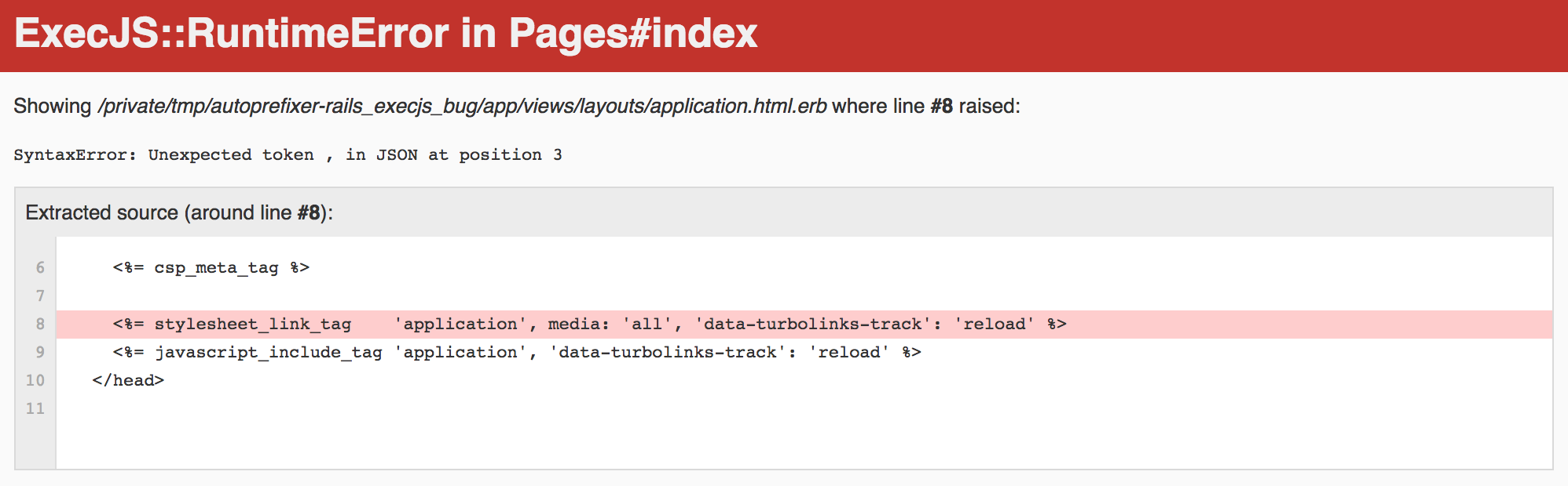 7.2.4 ExecJS::RuntimeError: SyntaxError: Unexpected token , in JSON at position 3 · Issue #130 ...