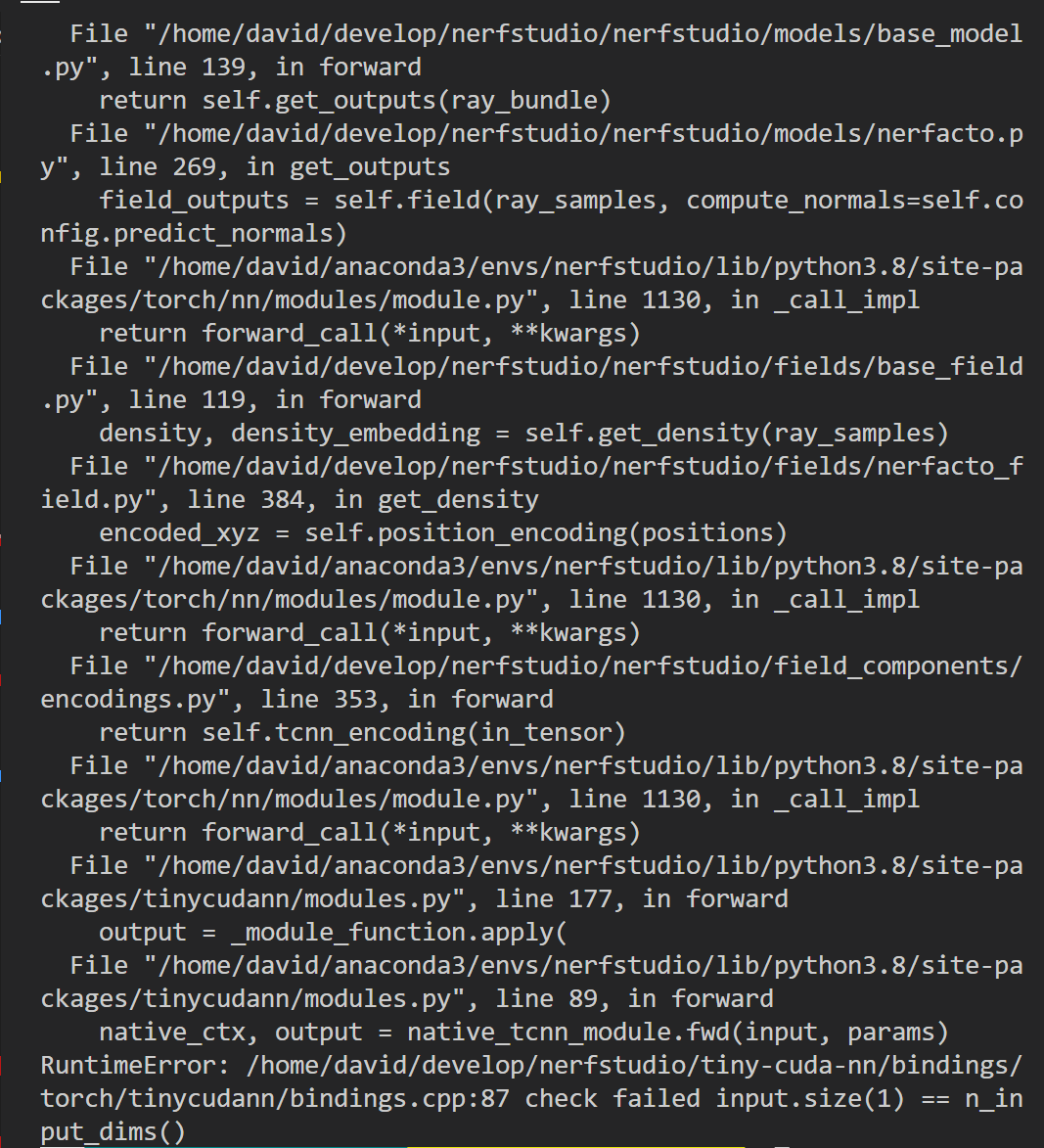 try to run nerfacto with TorchNerfactoField but meet RuntimeError ...