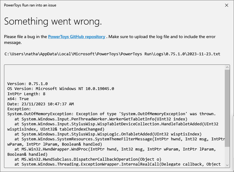 PowerToys Run ran into an issue. Something went wrong. · Issue #29983 · microsoft/PowerToys · GitHub