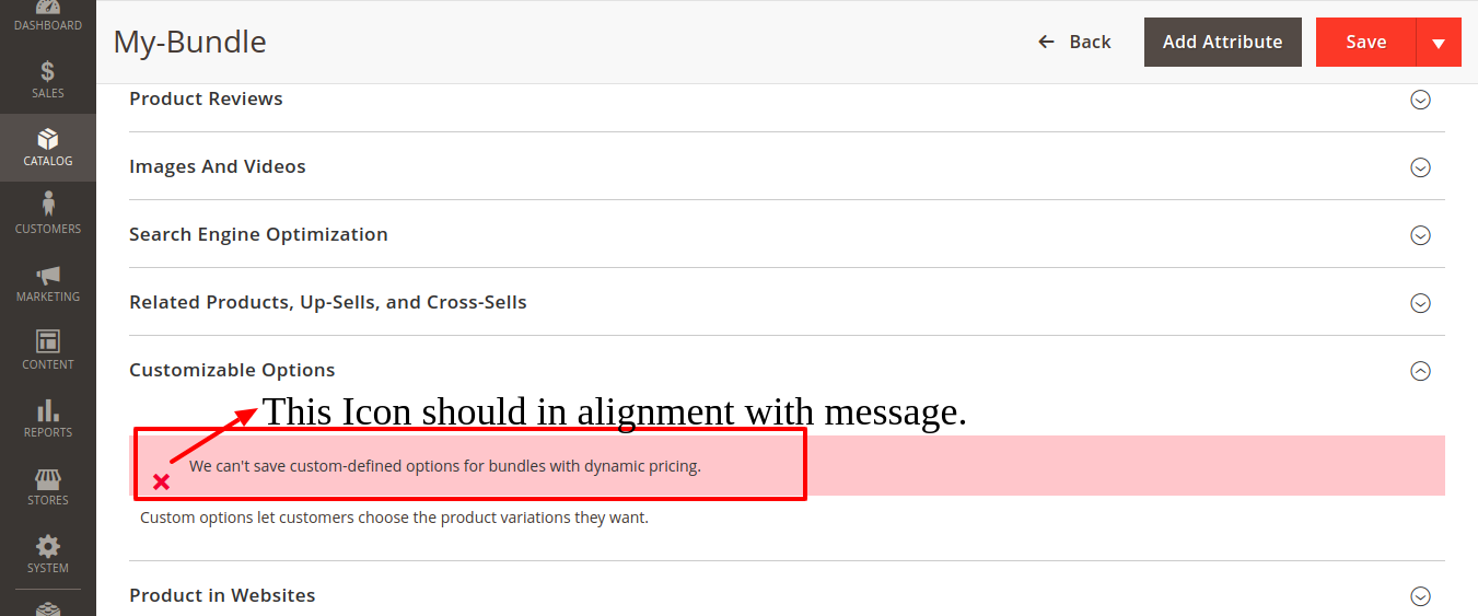 Bundle product edit/add page error message icon alignment is not proper at 'Customizable Options ...