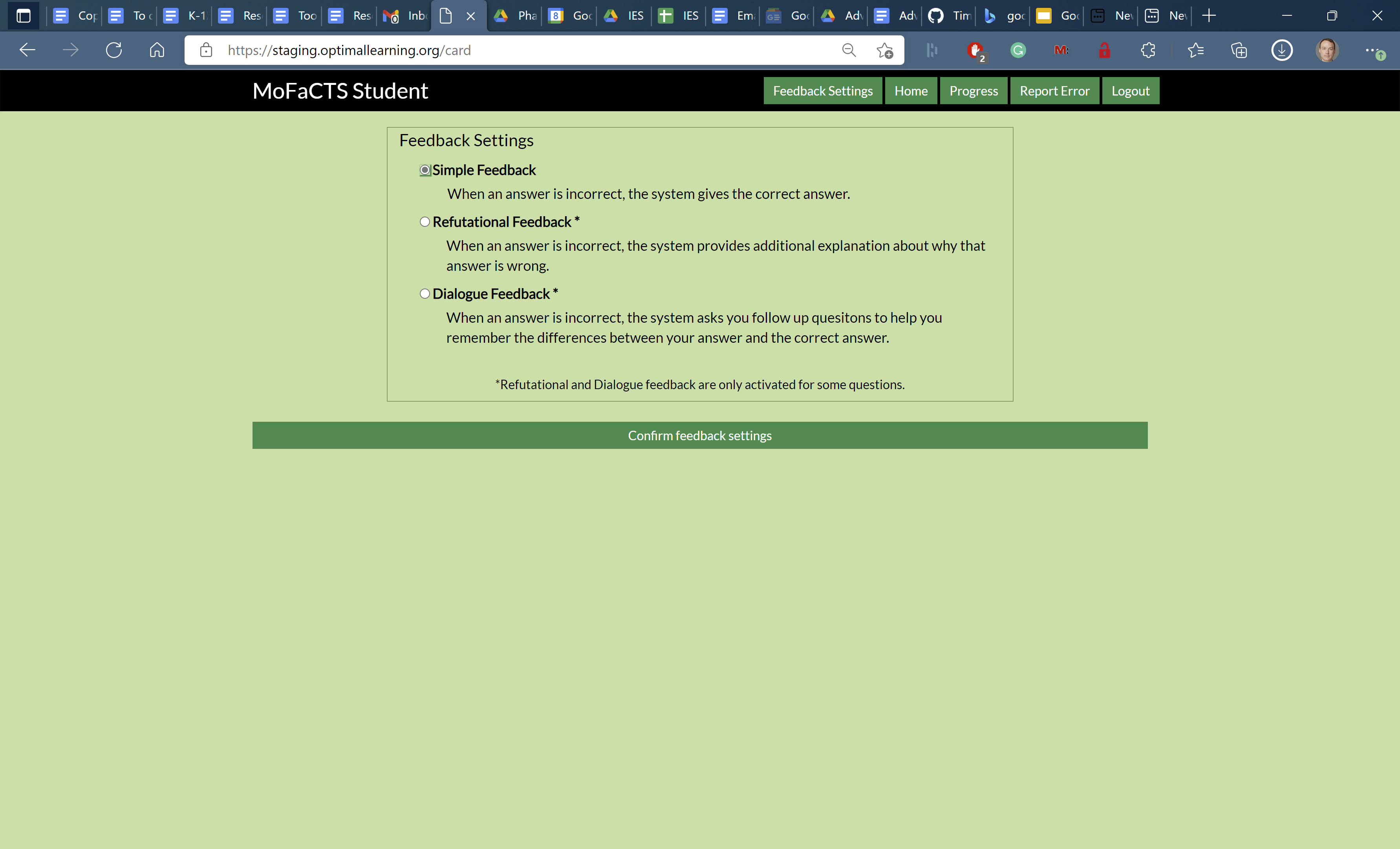 Bug with feedback settings · Issue #396 · memphis-iis/mofacts · GitHub