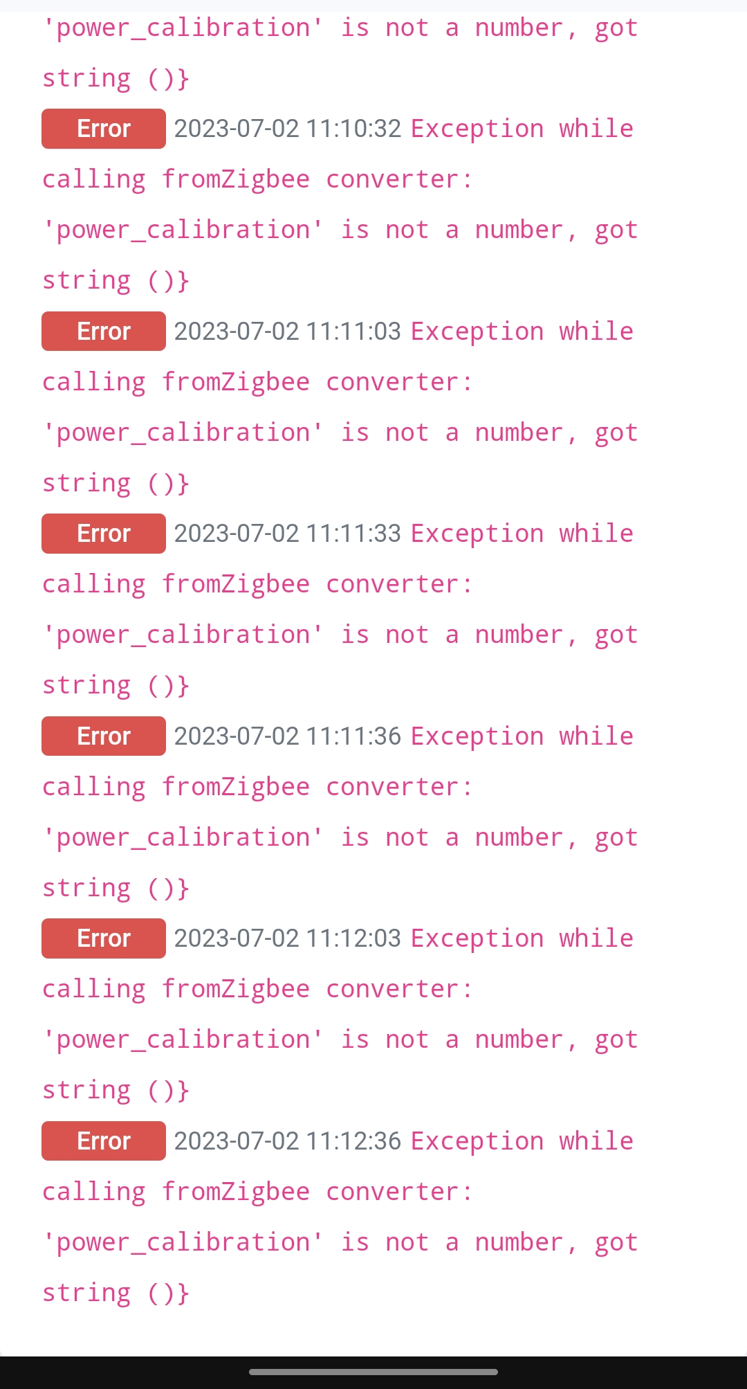 Exception while calling fromZigbee converter: 'energy_calibration' is not a number, got string ...