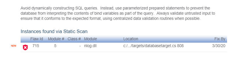 DatabaseTarget - VERACODE SQL Injection flaw · Issue #3872 · NLog/NLog · GitHub