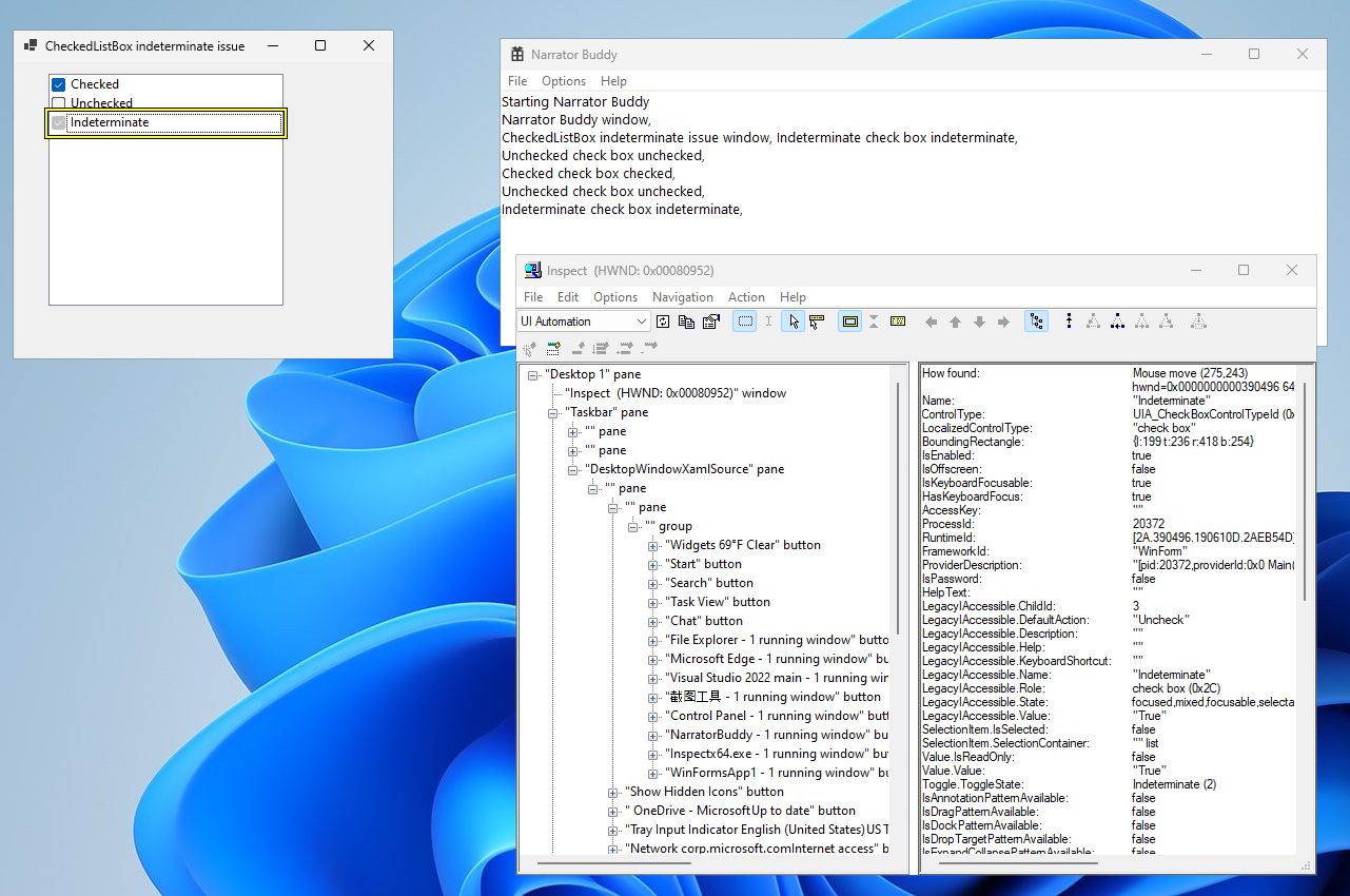 [Accessibility] Narrator cannot announce the indeterminate state of CheckedListBox item ...