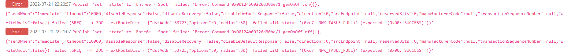 Mix of timeout / no network route / NWK_TABLE_FULL and a lot of devices indicated offline ...