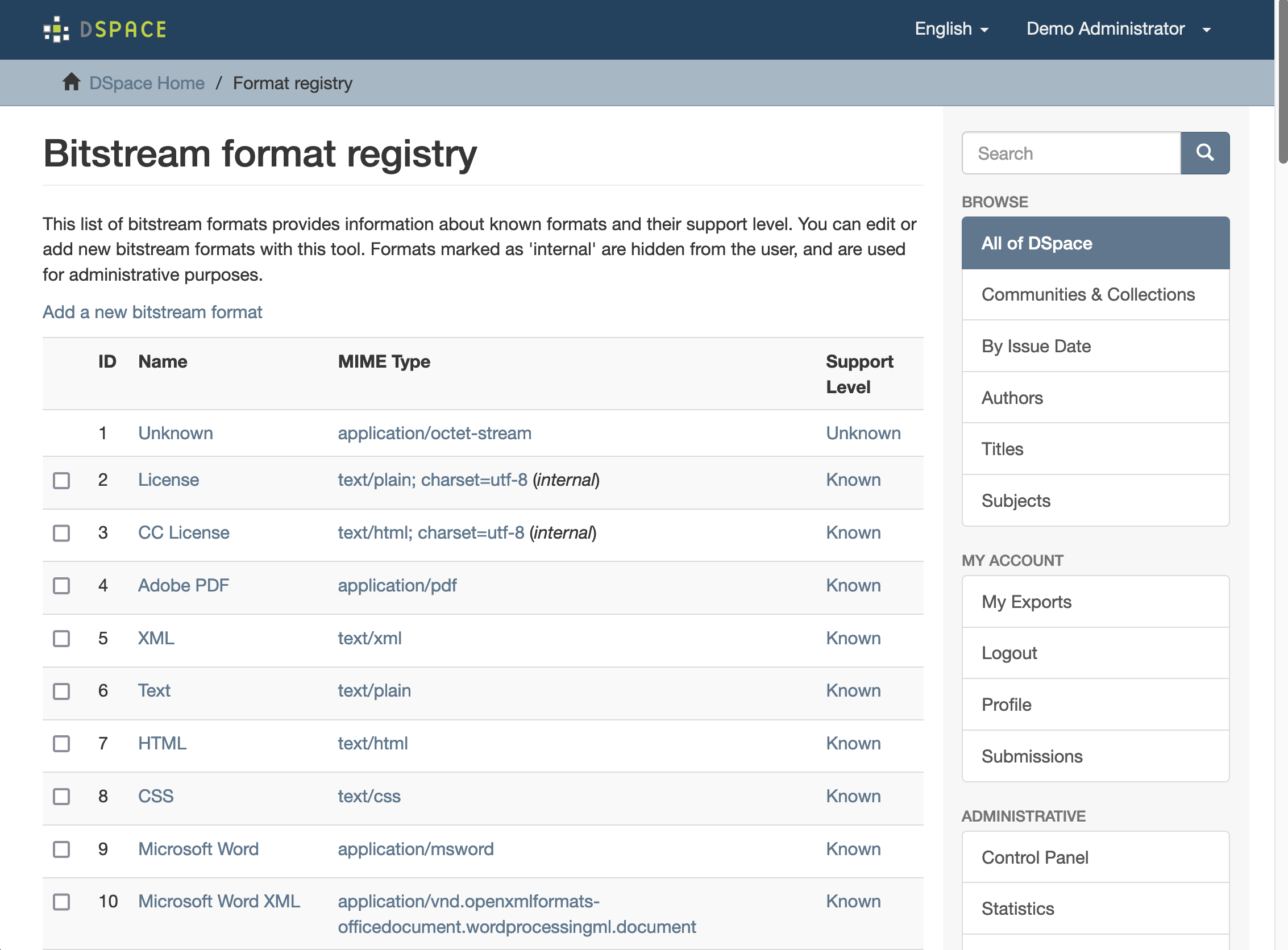 Display all bitstream formats on one page and include IDs. · Issue ...