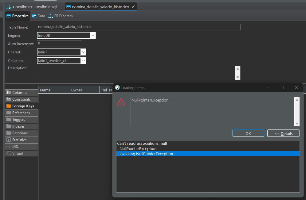 In "View Table", when I press the Option "Foreign Keys", generate "NullPointerException" · Issue ...