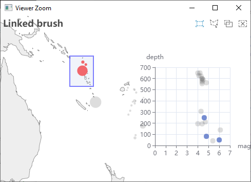 R | ECharts | timeline of geo map with scatter and lines; linked brush ...