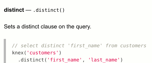 docs: parameters missing for distinct() · Issue #3029 · knex/knex · GitHub