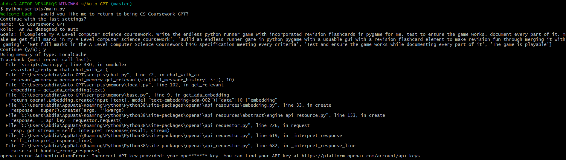 Openai Error Authenticationerror Incorrect Api Key · Issue 896 · Significant Gravitas Autogpt
