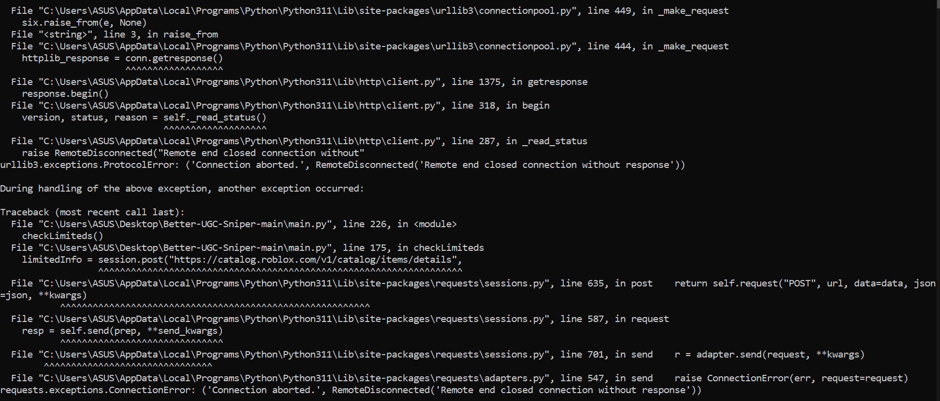 randomly disconnected / stopped · Issue #2 · noahrepublic/Better-UGC-Sniper · GitHub