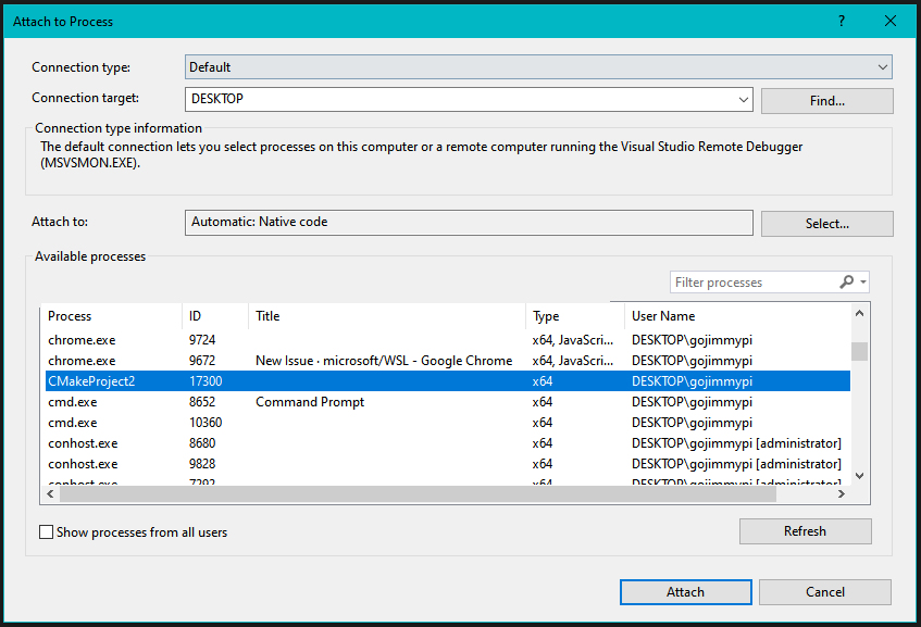 VS2019 Remote Debug Attach will not attach, even as administrator · Issue #6381 · microsoft/WSL ...