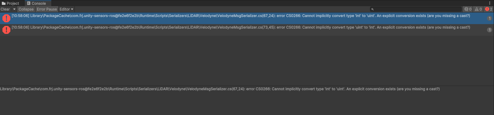 UnitySensorROSのVelodyneMsgSerializer.csでキャストエラーが起こる。 · Issue #66 ...