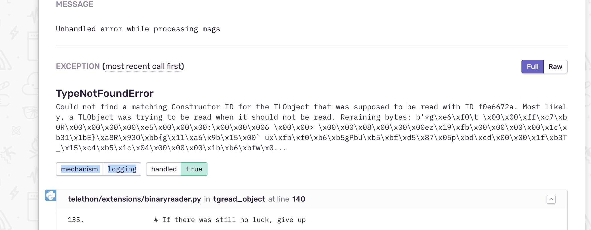 telethon.errors.common.TypeNotFoundError: Could not find a matching Constructor ID · Issue #1429 ...