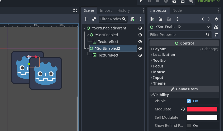 `modulate` stops working on CanvasItem node that has `y_sort_enabled=true` and is a child of ...