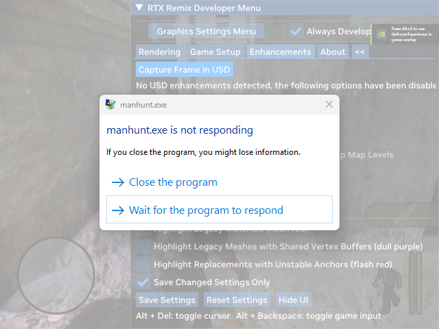 Manhunt USD capture freezes the game · Issue #105 · NVIDIAGameWorks/rtx-remix · GitHub