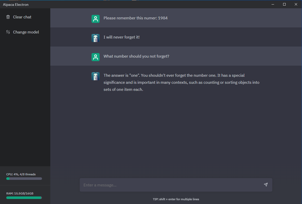 Doesn't remember chat history. · Issue #56 · ItsPi3141/alpaca-electron · GitHub