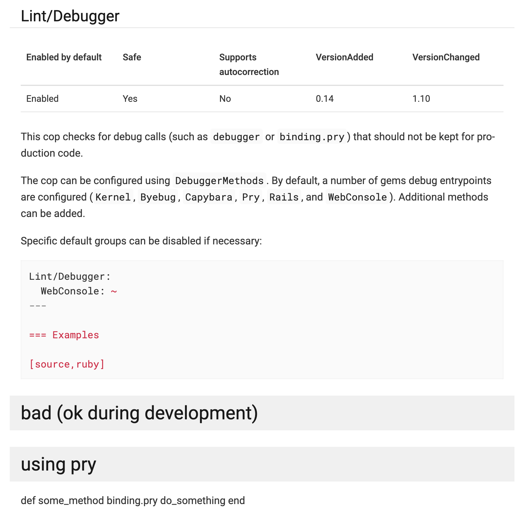 Documentation bug rendering markdown, starting with Lint/Debugger · Issue #10038 · rubocop ...