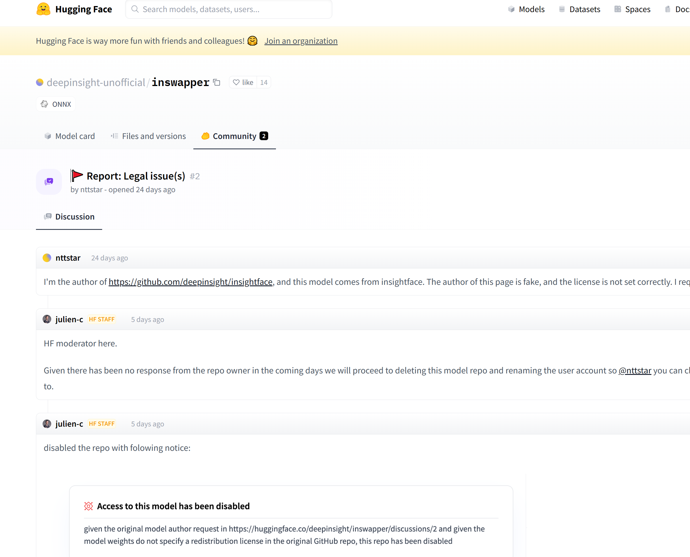 为什么你们让那个roop下架了,还说你们是原作者? · Issue 2417 · Deepinsightinsightface · Github