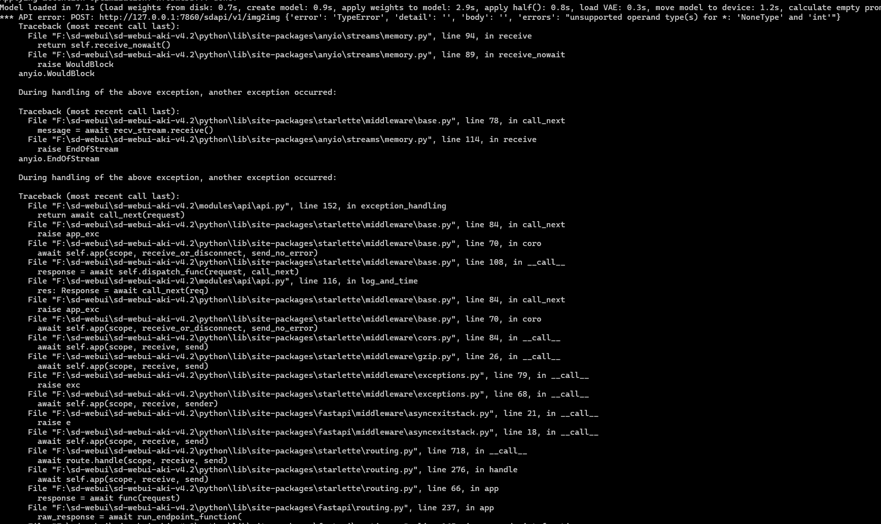 API error: POST: http://127.0.0.1:7860/sdapi/v1/img2img {'error': 'TypeError', 'detail ...
