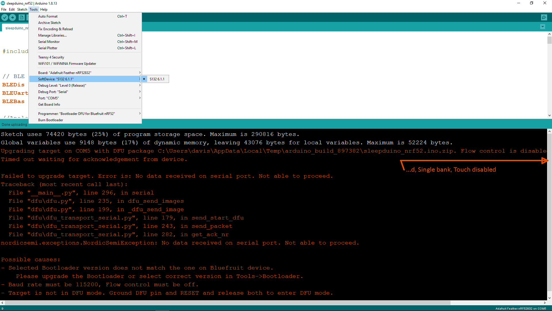 Unable to Program sleepduino Firmware to nRF52832 Chips from Makezine Build · Issue #39 ...