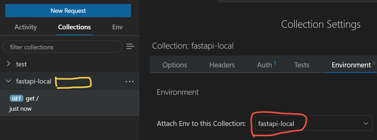 display linked env name beside collection name and add in context menu ...