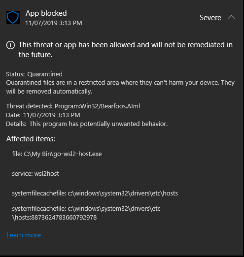 Improperly being detected as a threat Program:Win32/Bearfoos.A!ml · Issue #3 · shayne/go-wsl2 ...