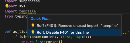 Quick Fix menu: add `noqa: ...` comment to suppress warning · Issue ...