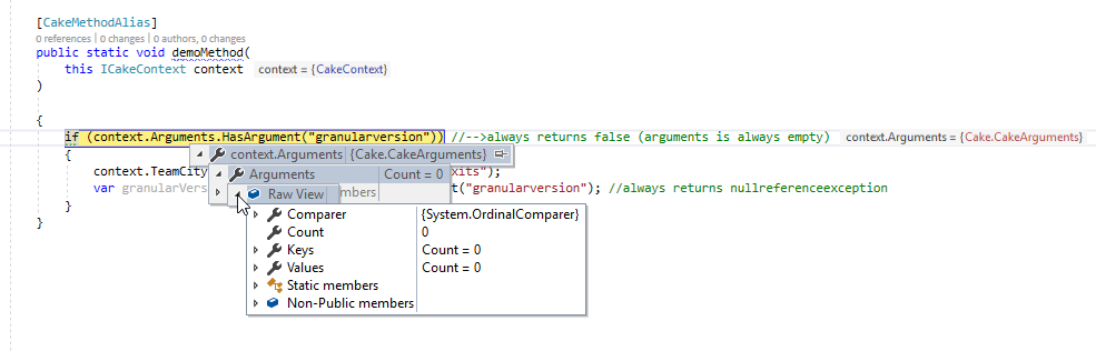 Issue with context.arguments in script alias · Issue #2071 · cake-build/cake · GitHub