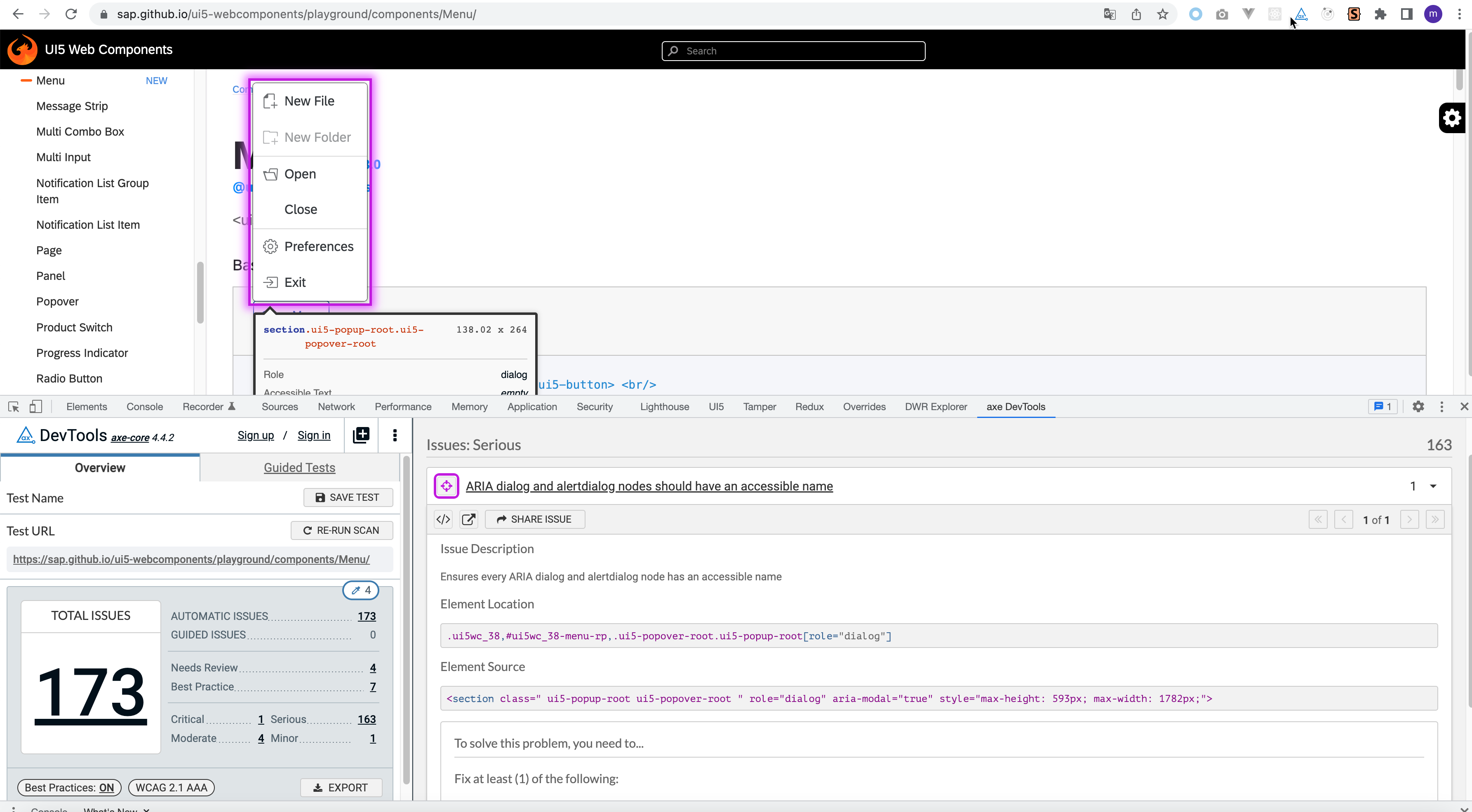 [sf Acc][axe][ui5 Menu] Axe Error Aria Dialog And Alertdialog Nodes