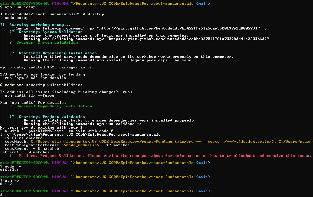 Error on setup - ? Failure: Project Validation · Issue #267 · epicweb-dev/react-fundamentals ...