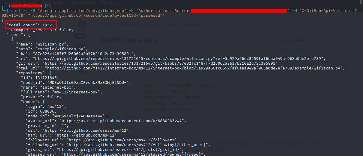 Github Code Search and API Search through Curl Giving different results ...