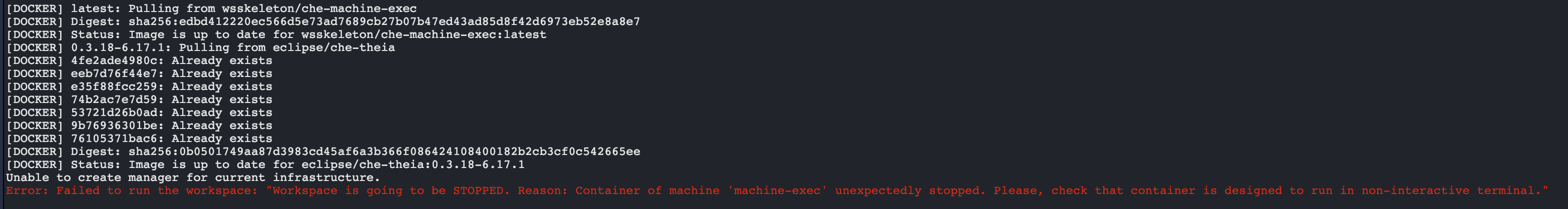 Unable to start workspace with ' Theia IDE on docker' stack · Issue #12684 · eclipse-che/che ...