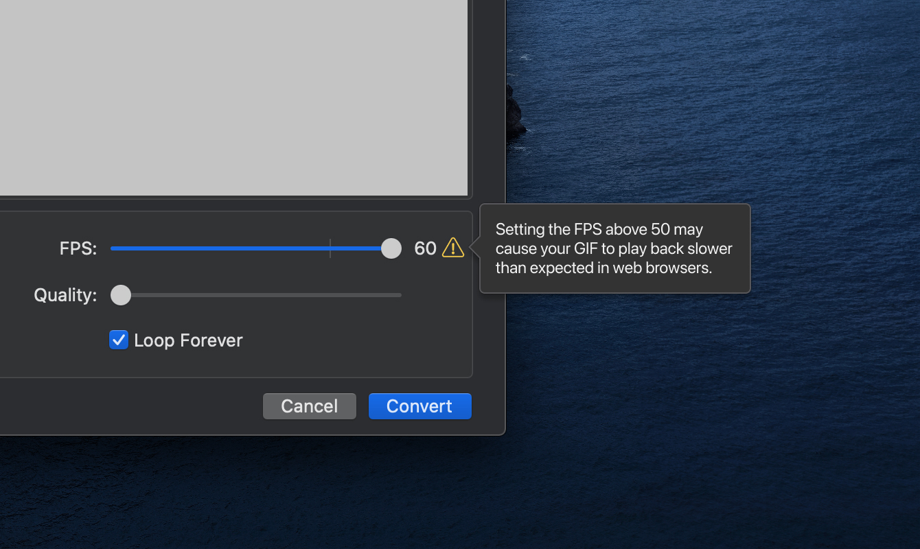 Show warning when framerate is set above 50 fps · Issue #200 · sindresorhus/Gifski · GitHub