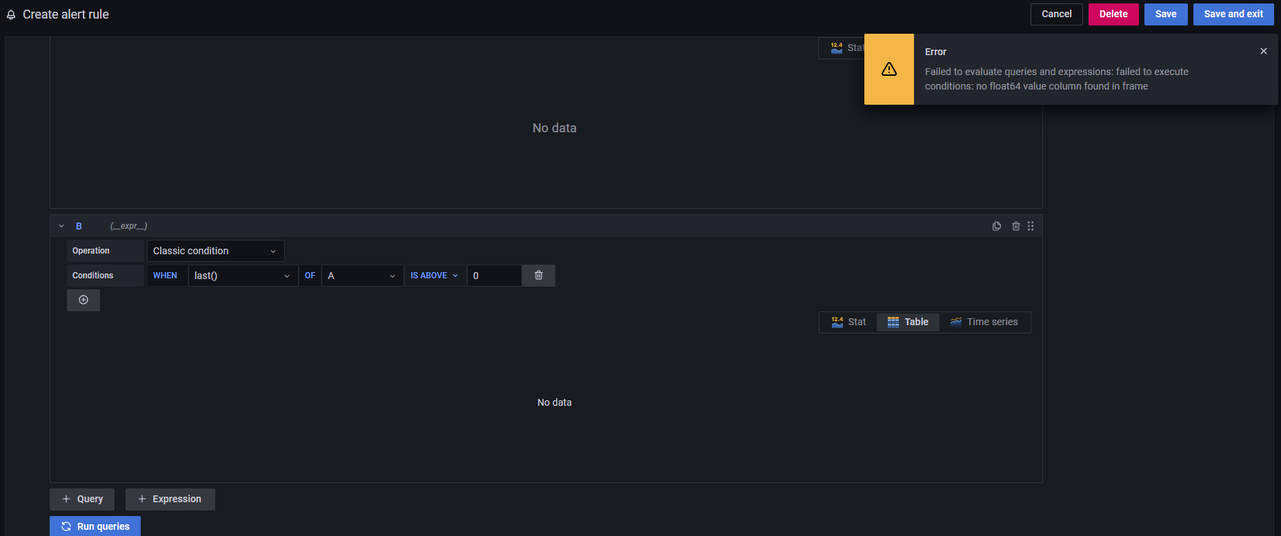 Unified Alerting: failed to execute conditions: no float64 value column found in frame - Azure ...