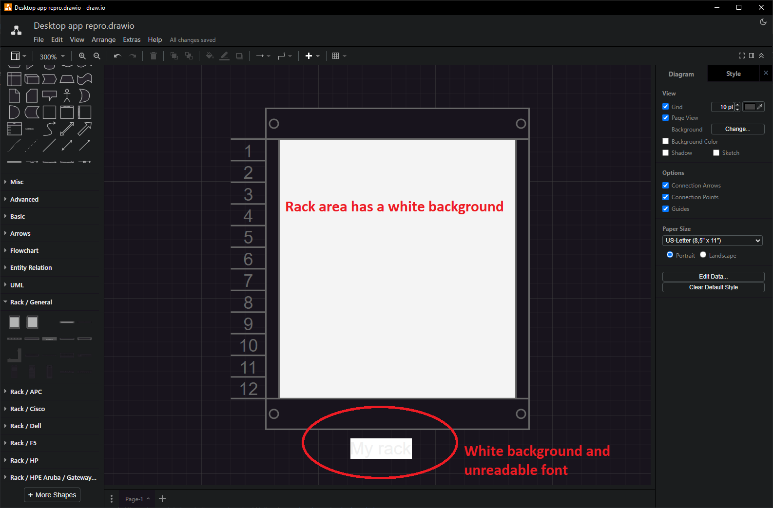 Background colors are wrong for network racks and other shapes in dark mode, but only for ...