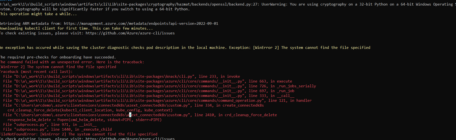 AZ CLI Connectedk8s Error crd_cleanup_force_delete(kubectl_client_location, kube_config, kube ...